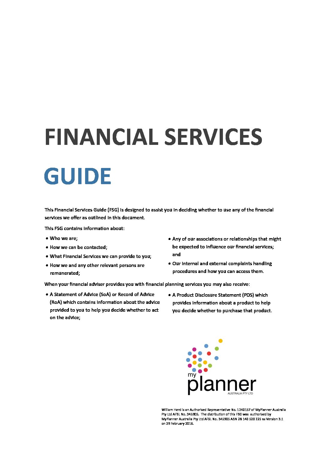 Financial Services Guide Bill Herd 2017 - HQB Accountants Auditors Advisors